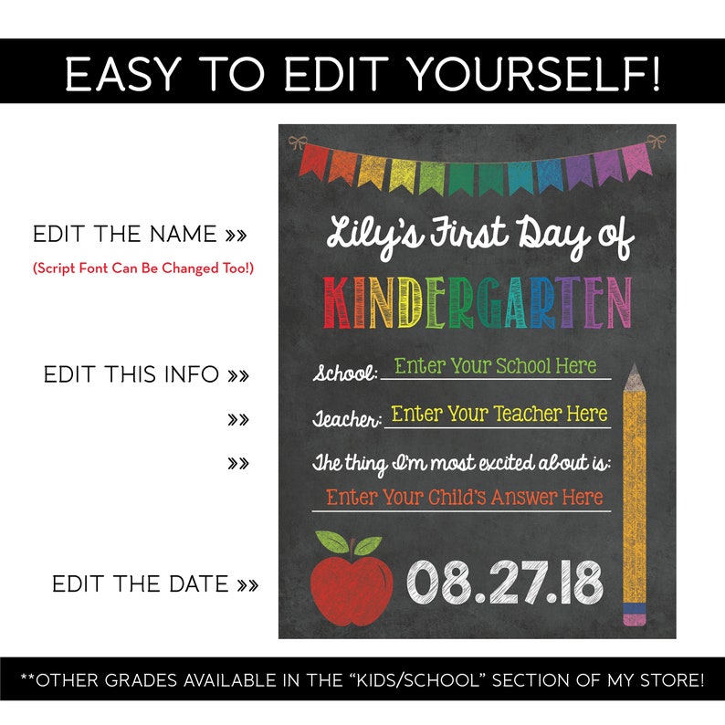 Editable First Day of Kindergarten School Sign 2021 Photo - Etsy