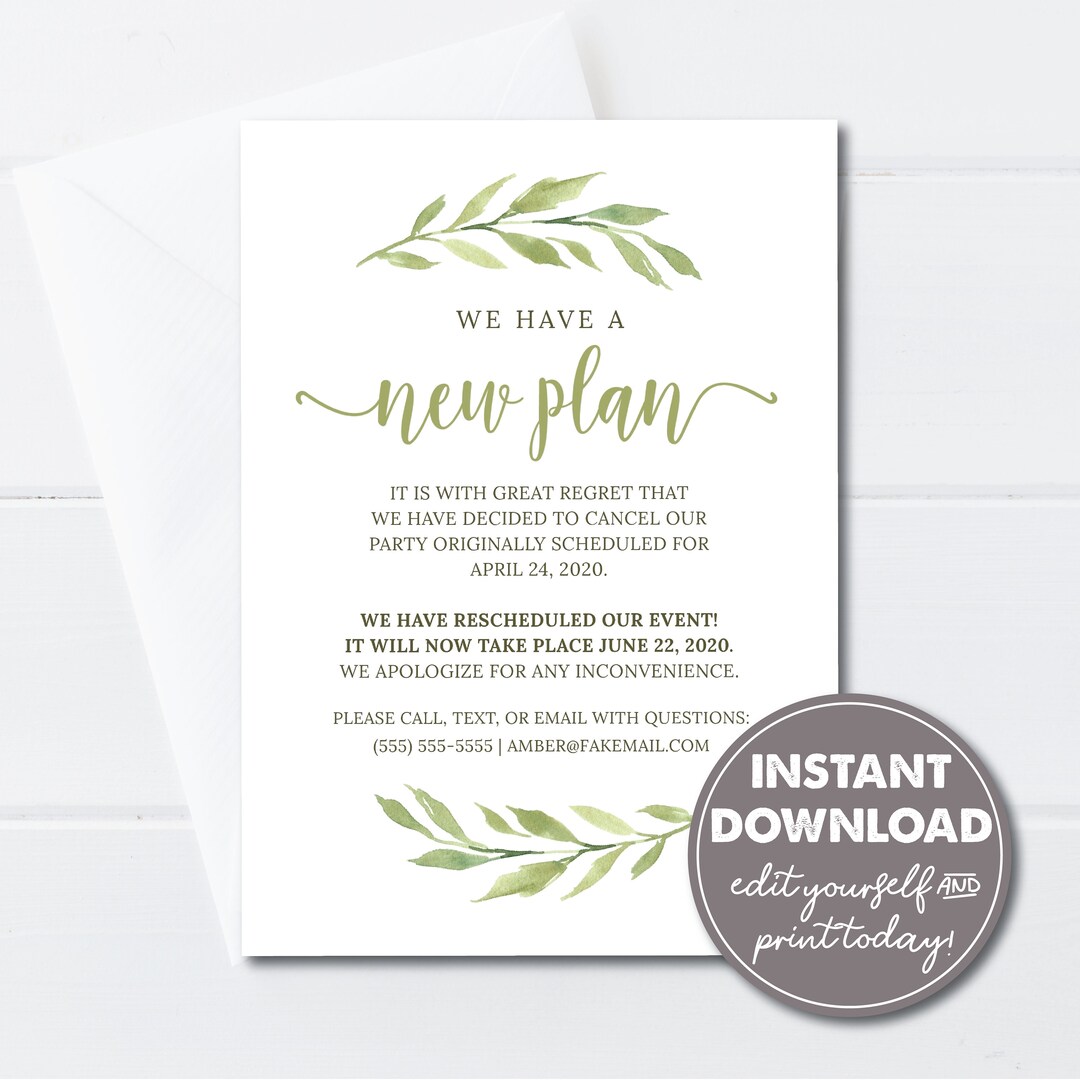 Editable New Event Plan Card Template, Postponed, Rescheduled Notice ...