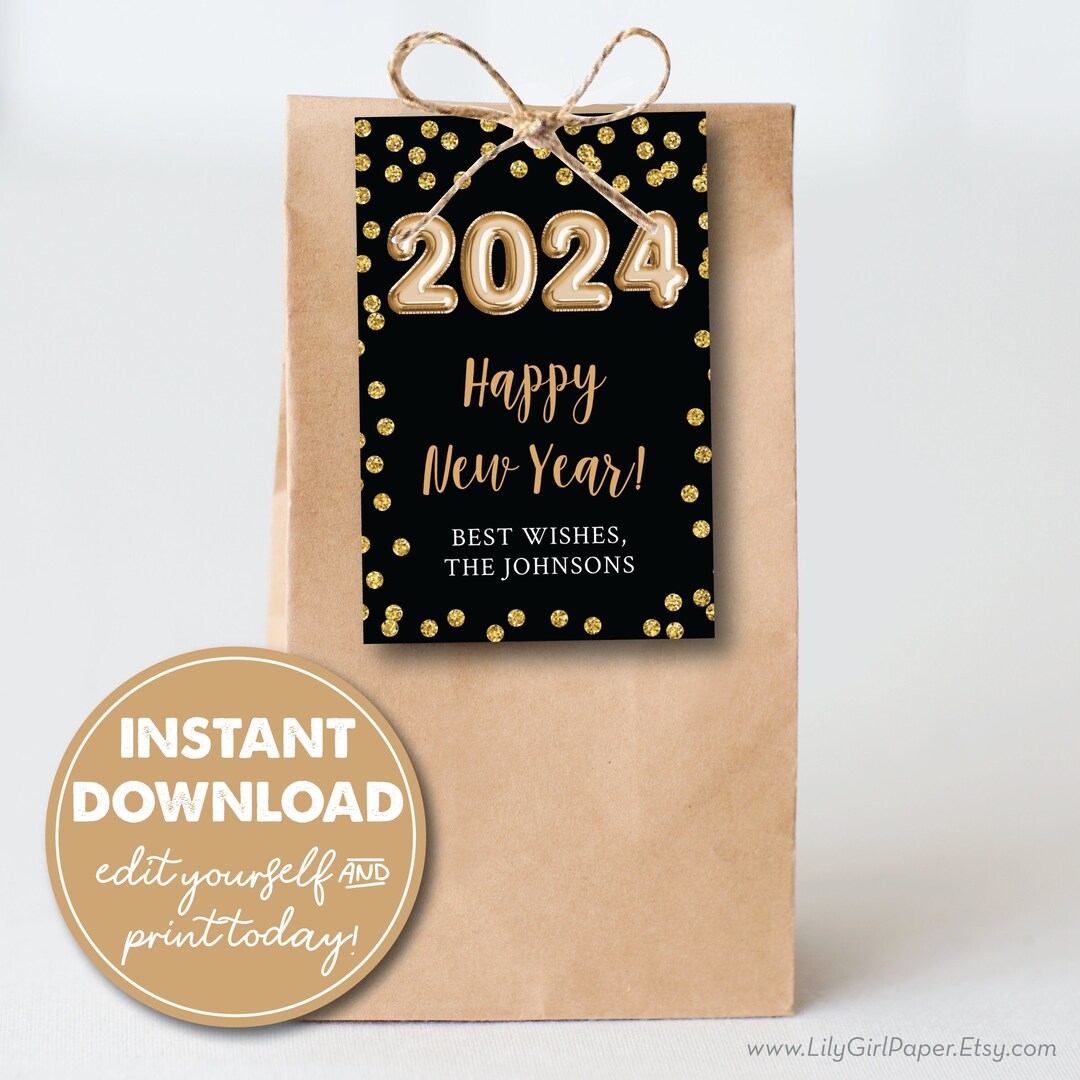 Editable Happy New Year Party Favor, Gift Tag, 2024 New Year's Party ...