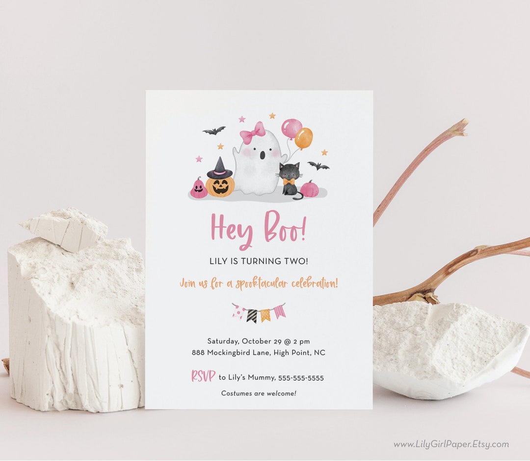 Hey Boo Halloween Birthday Party Invitation, Editable Template, Pink ...