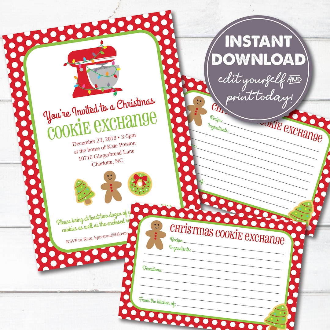 Editable Cookie Exchange Christmas Party Invitation and Recipe Cards ...