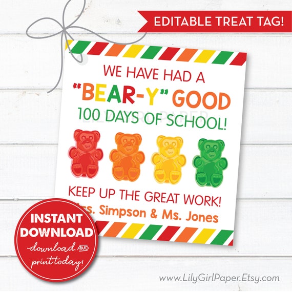 Editable 100th Day of School Bear-y Good Treat Bag Tag | Etsy