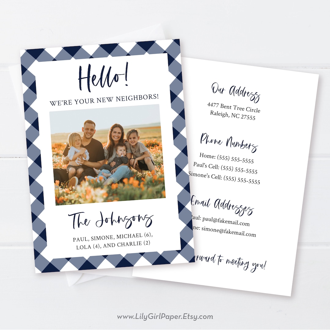 Editable We're Your New Neighbors Photo Card Template, Navy Gingham ...