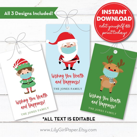 Editable Christmas Gift Tags, 3 Designs, Favor Tag, Santa with Mask ...