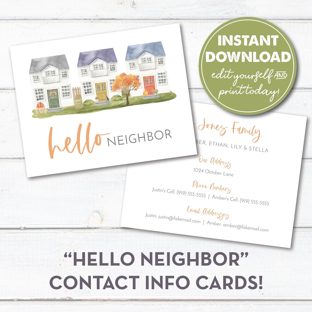 Editable Hello Neighbor Contact Information Cards, Instant Download ...