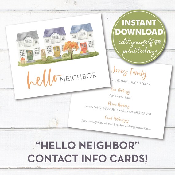 Editable Hello Neighbor Contact Information Cards, Instant Download ...