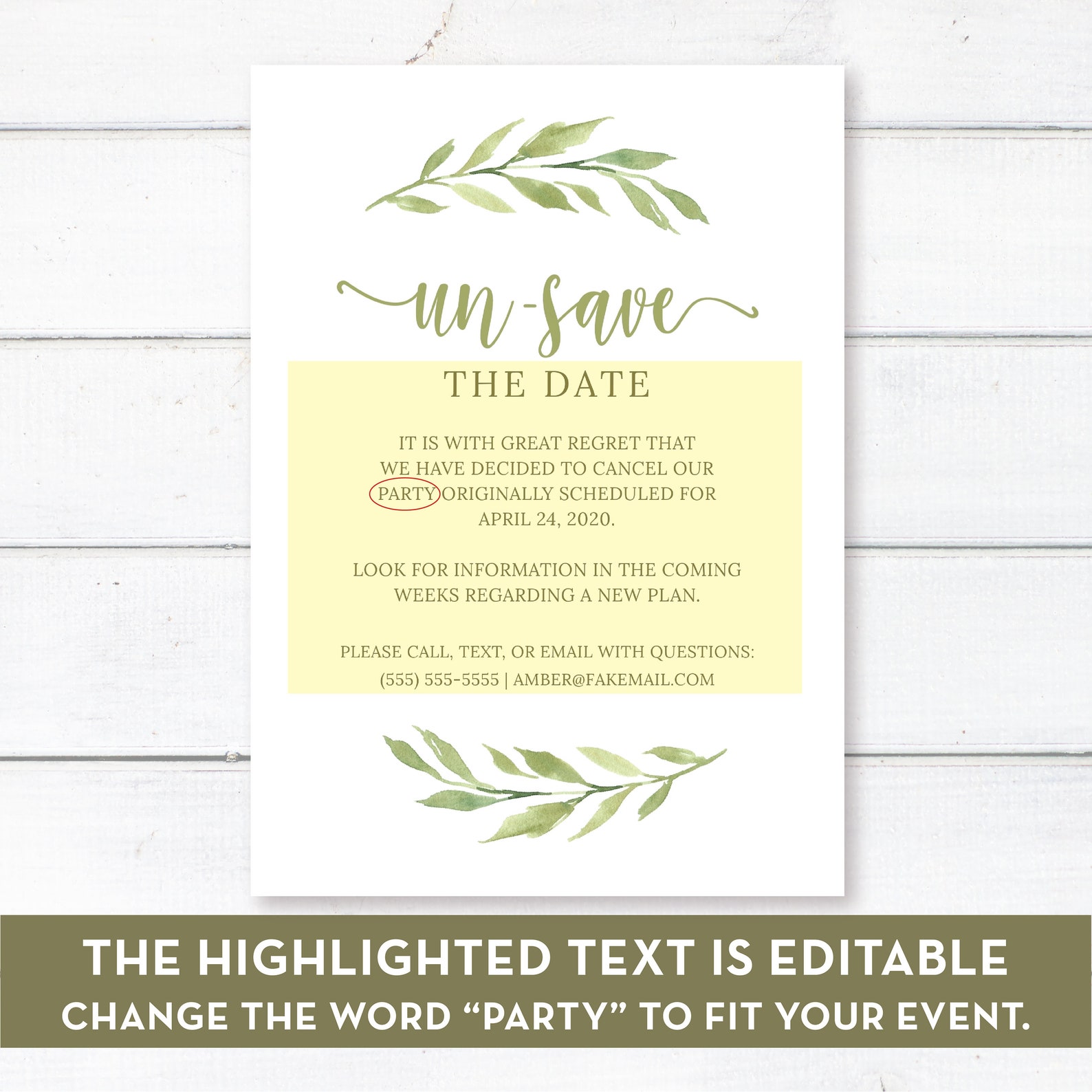 Editable Un-save the Date Card Template, Cancellation Notice, INSTANT ...