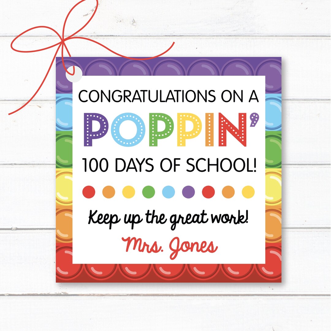 Editable Pop It 100 Days of School Tag, Poppin' 100 Days Card, Gift ...