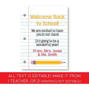 Editable Welcome Back to School Treat Tag, Teacher to Students, Pencil ...