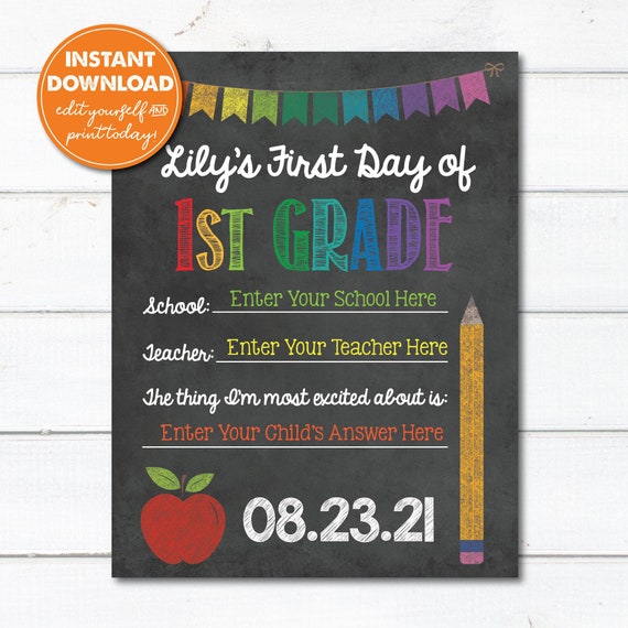 Editable First Day of 1st Grade School Sign 2021, Photo Prop ...