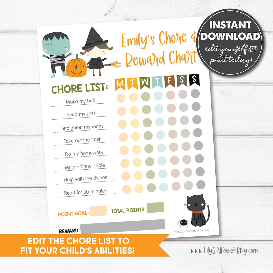 Editable Chore Chart for Kids, Halloween, Fall Season Reward Chart ...