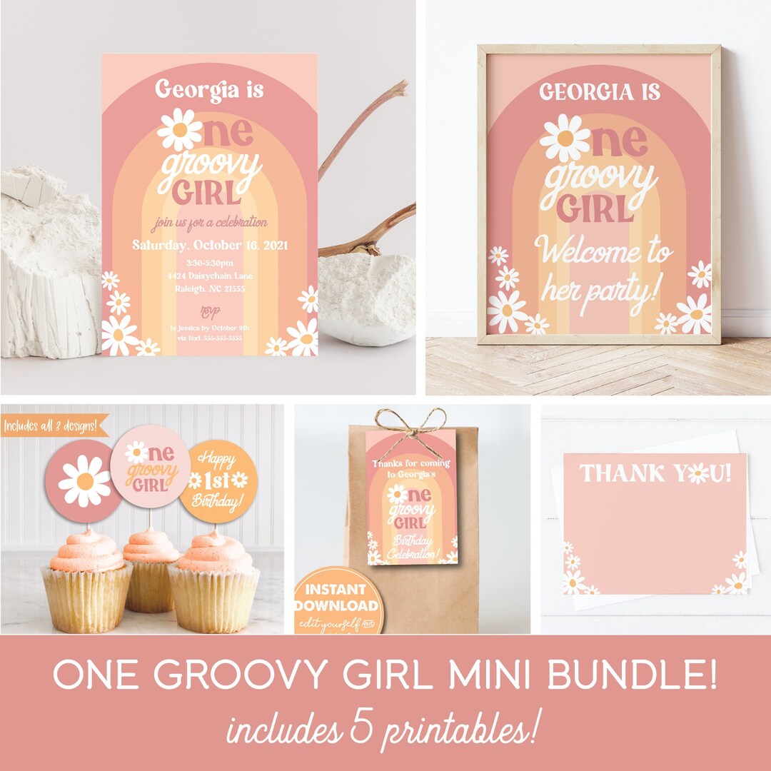 One Groovy Girl 1st Birthday Mini Bundle, Invitation, Welcome Sign ...