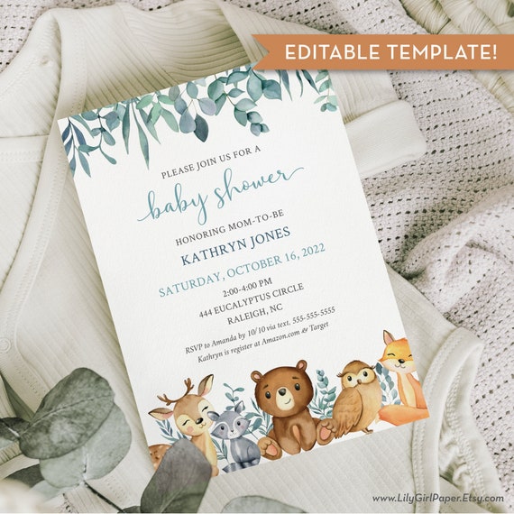 Editable Woodland Animals Baby Shower Invitation, Fall, Gender Neutral ...