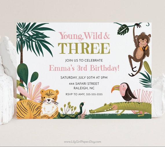 Young, Wild & Three Jungle Birthday Party Invitation, Editable Template ...