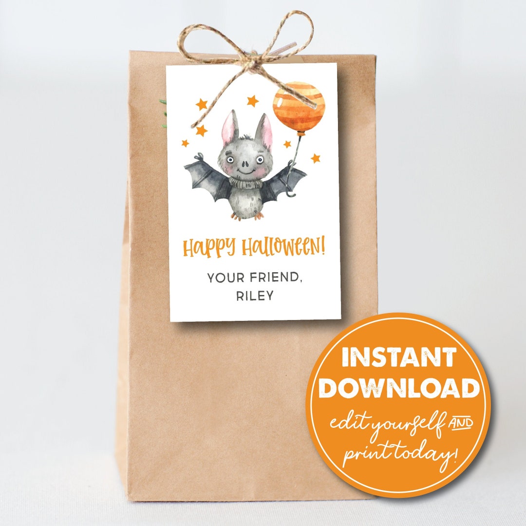 Editable Halloween Treat Gift Tag, Cute Bat Happy Halloween Favor Tag ...
