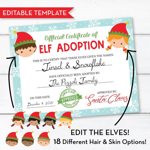 Editable Two Elf Adoption Certificate, Personalized Christmas Elf ...