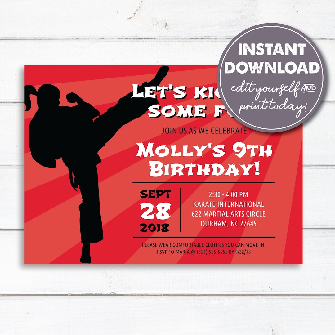 Editable Karate Girl Party Invitation Template, Tae Kwon Do, Martial ...