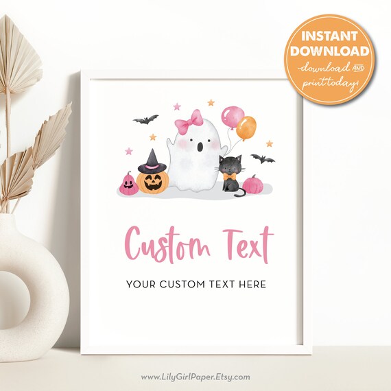 Hey Boo Halloween Birthday Customizable 8x10" Sign, Cute Pink Ghost ...