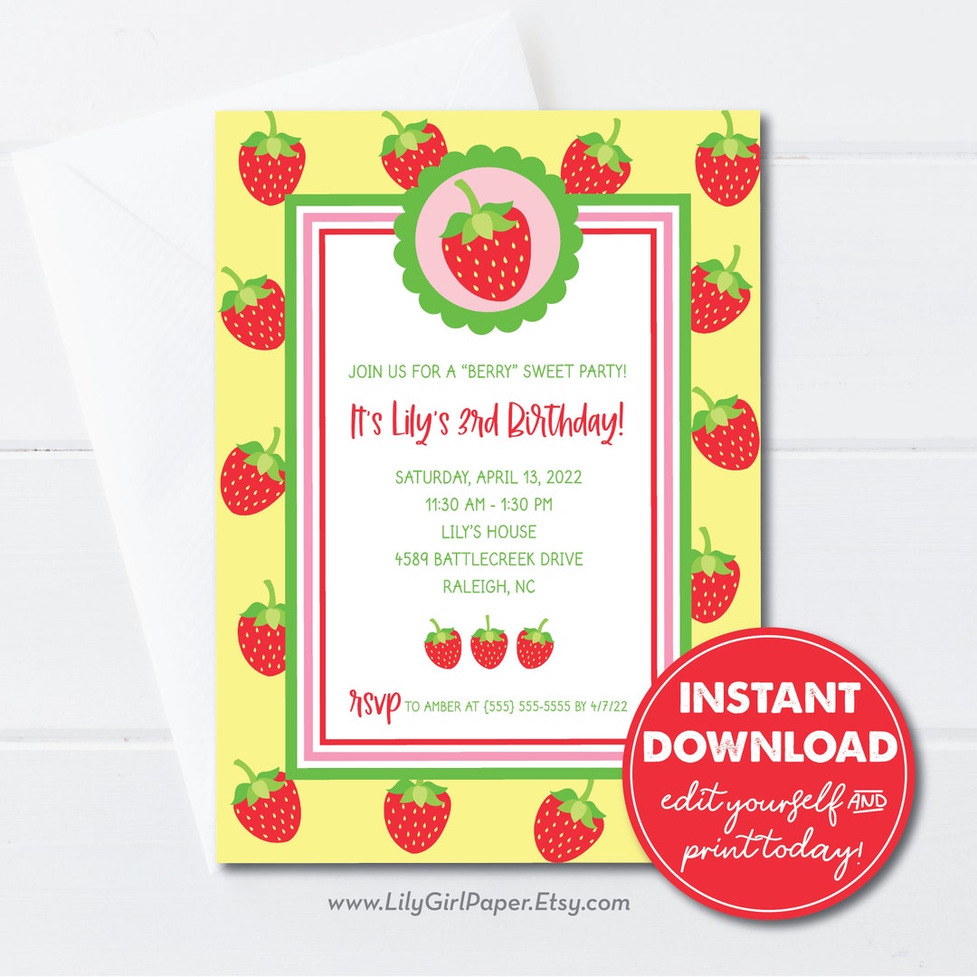 Editable Strawberry Birthday Party Invitation Template, Berry Sweet ...
