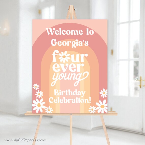 Editable Four Ever Young Girls 4th Birthday Party Welcome Sign Template ...