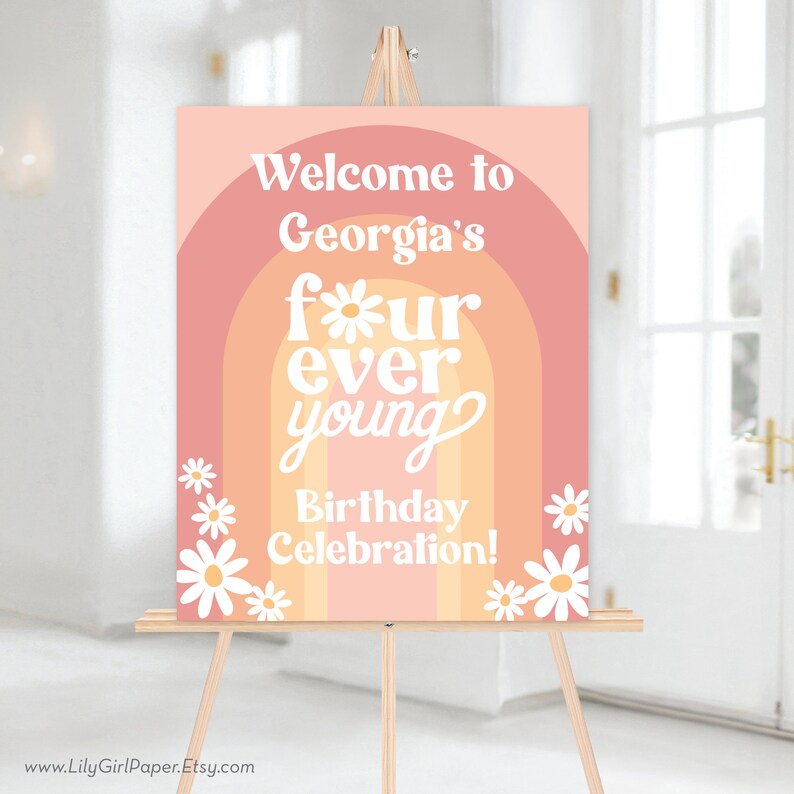 Editable Four Ever Young Girls 4th Birthday Party Welcome Sign Template ...