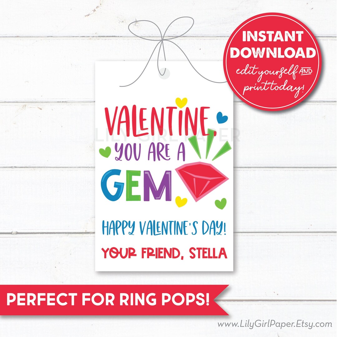 Editable You Are A Gem Valentine Cards, Class Valentine, Ring Pop ...