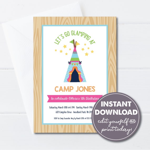 Editable Tween Girl Glamping Sleepover Birthday Party Invitation, INSTANT DOWNLOAD, Camping ...