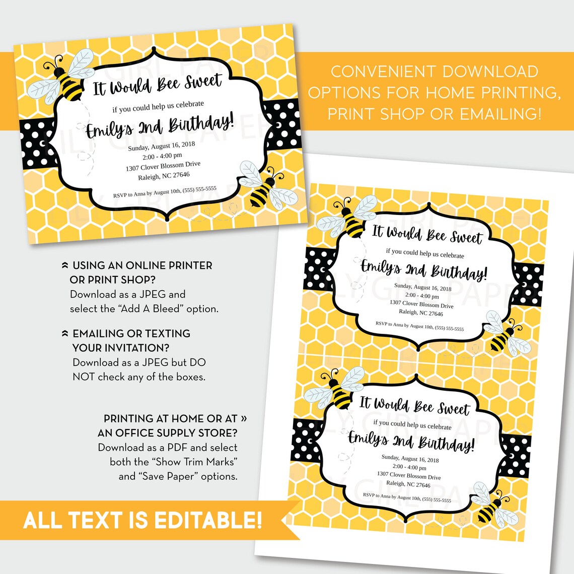 Editable Bumble Bee Birthday Party Invitation, It Would Bee Sweet ...
