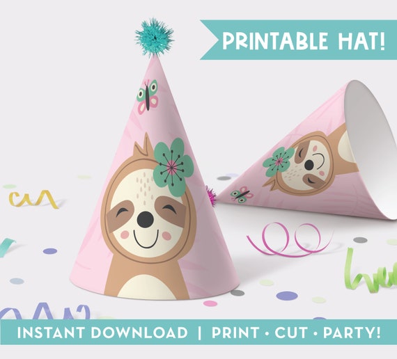 Printable Sloth Birthday Party Hat, Instant Download, Digital File ...