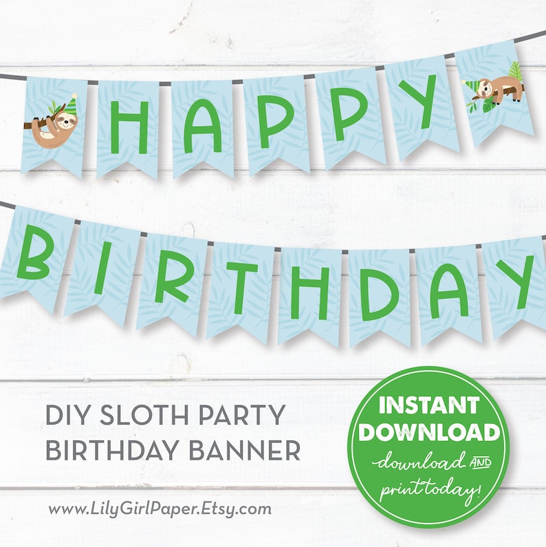 Cute Sloth Happy Birthday Party Banner INSTANT DOWNLOAD | Etsy