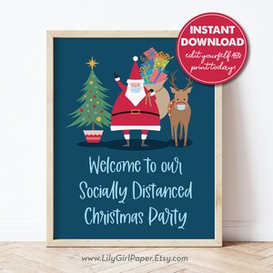 Socially Distant Christmas Party Welcome Signs, Santa and Reindeer With ...