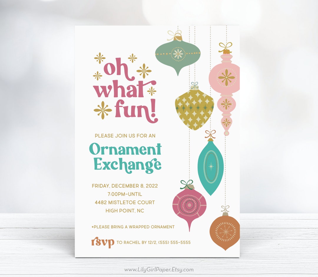 Editable Retro Ornament Exchange Christmas, Holiday Party Invitation ...