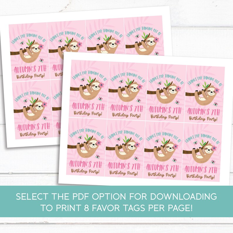 Editable Cute Sloth Birthday Party Favor Tag Little Girl - Etsy