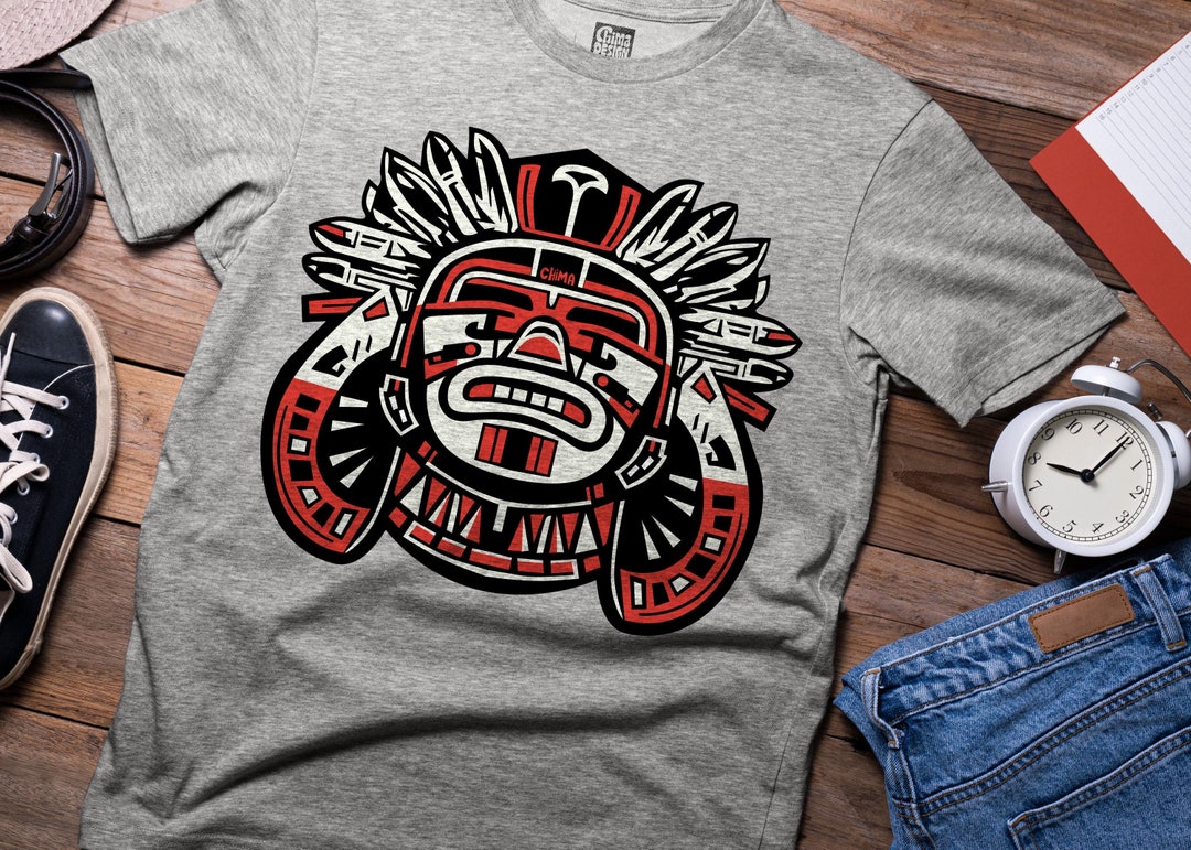 Aztec Design Men’s T-shirt, Tribal Mask Tee, Bold Red and Black ...