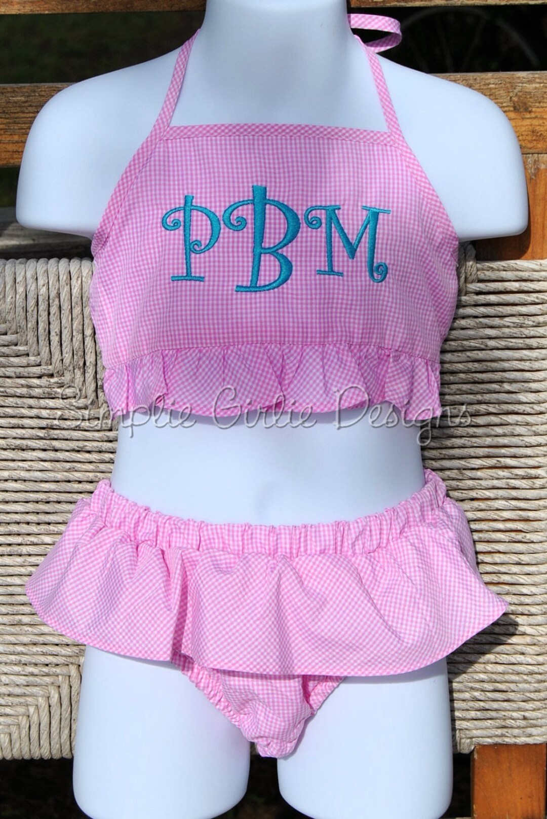 Monogrammed Bikini Monogrammed Bathing Suit Pink Gingham Ruffle Bikini ...