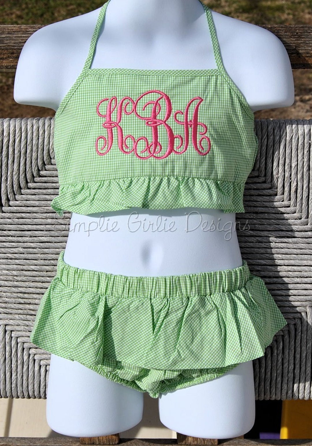 Monogrammed Bikini Monogrammed Bathing Suit Green Gingham Ruffle Bikini ...