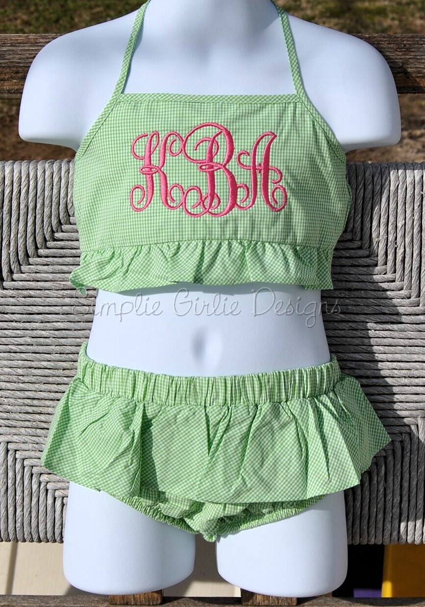 Monogrammed Bikini Monogrammed Bathing Suit Green Gingham Ruffle Bikini ...
