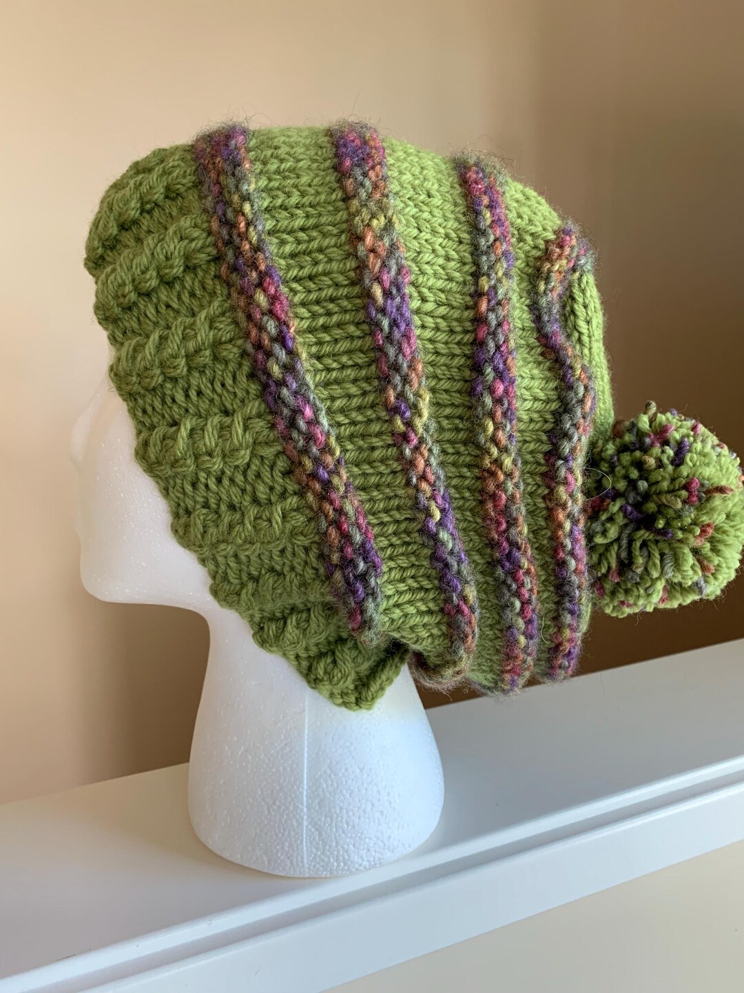 Hand Knit Slouchy Beanie: Leaf Green With Colorful Stripes, Merino Wool ...