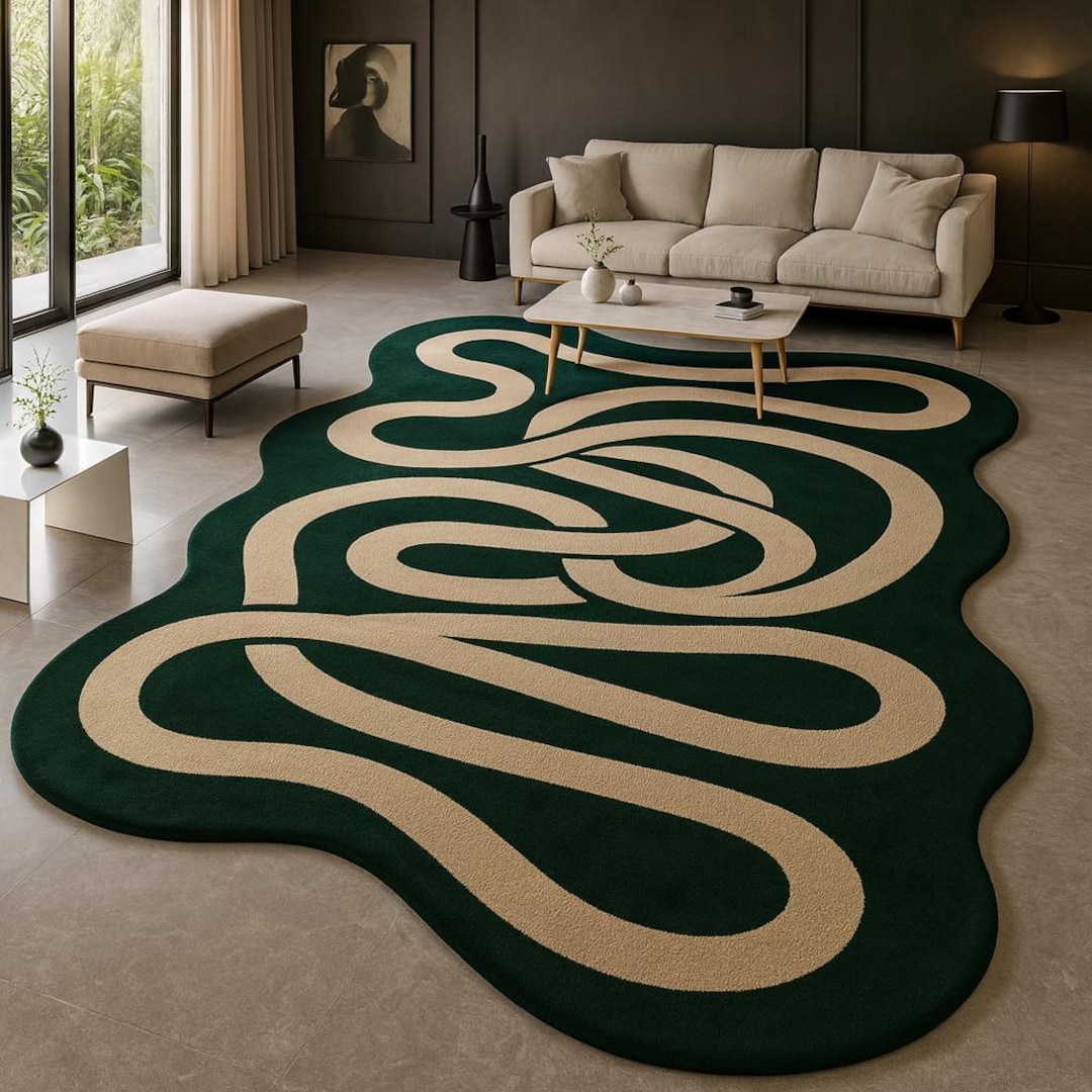 Hand Tufted Deep Carved 3D Modern Handmade Green Abstract Wave Pattern ...