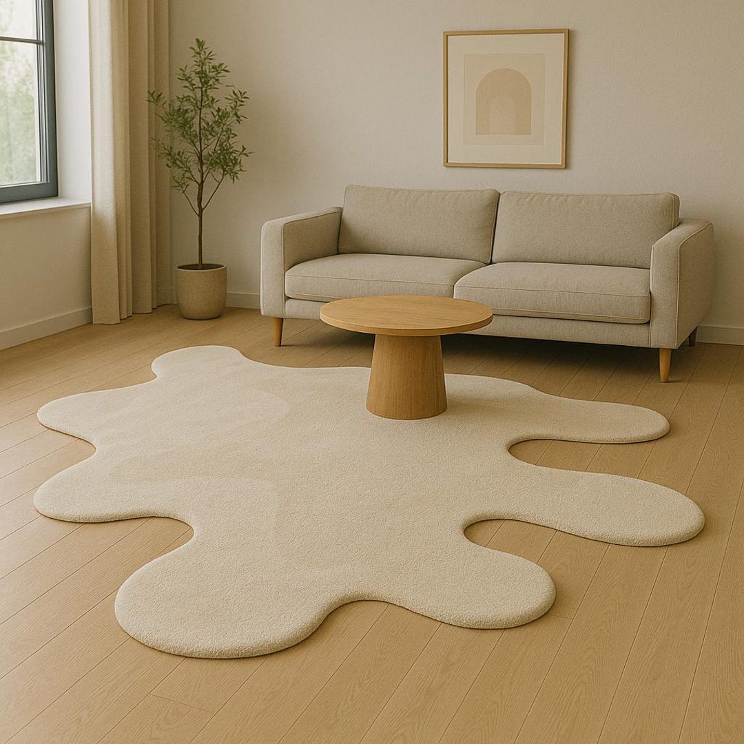 Organic Amoeba Rug – Beige Irregular Shape Wool Carpet, Minimalist ...