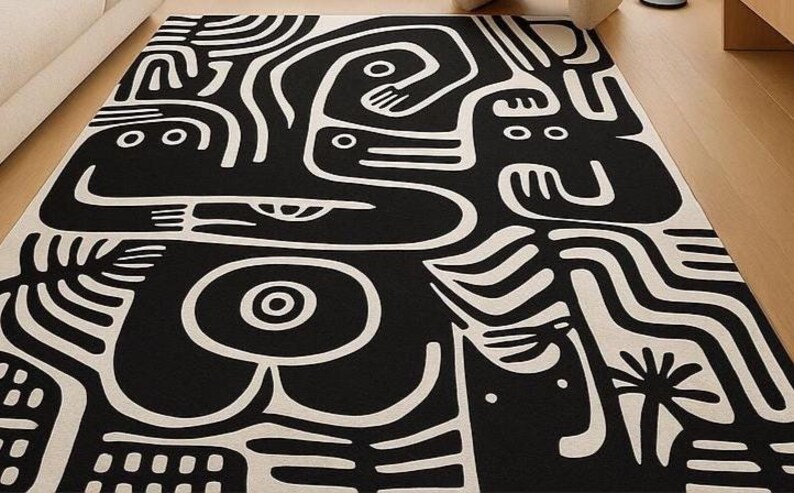 Black and White Abstract Pattern Wool Rug Hand-tufted Wool Carpet for ...