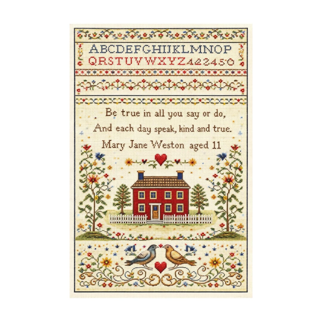 18th-century-style Sampler With House, Alphabet & Floral Borders - Etsy