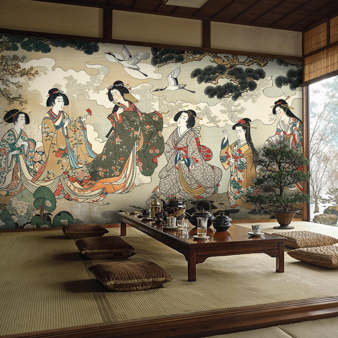Vintage Japanese Geisha Mural Wallpaper: Edo Art, Crane Design (peel ...