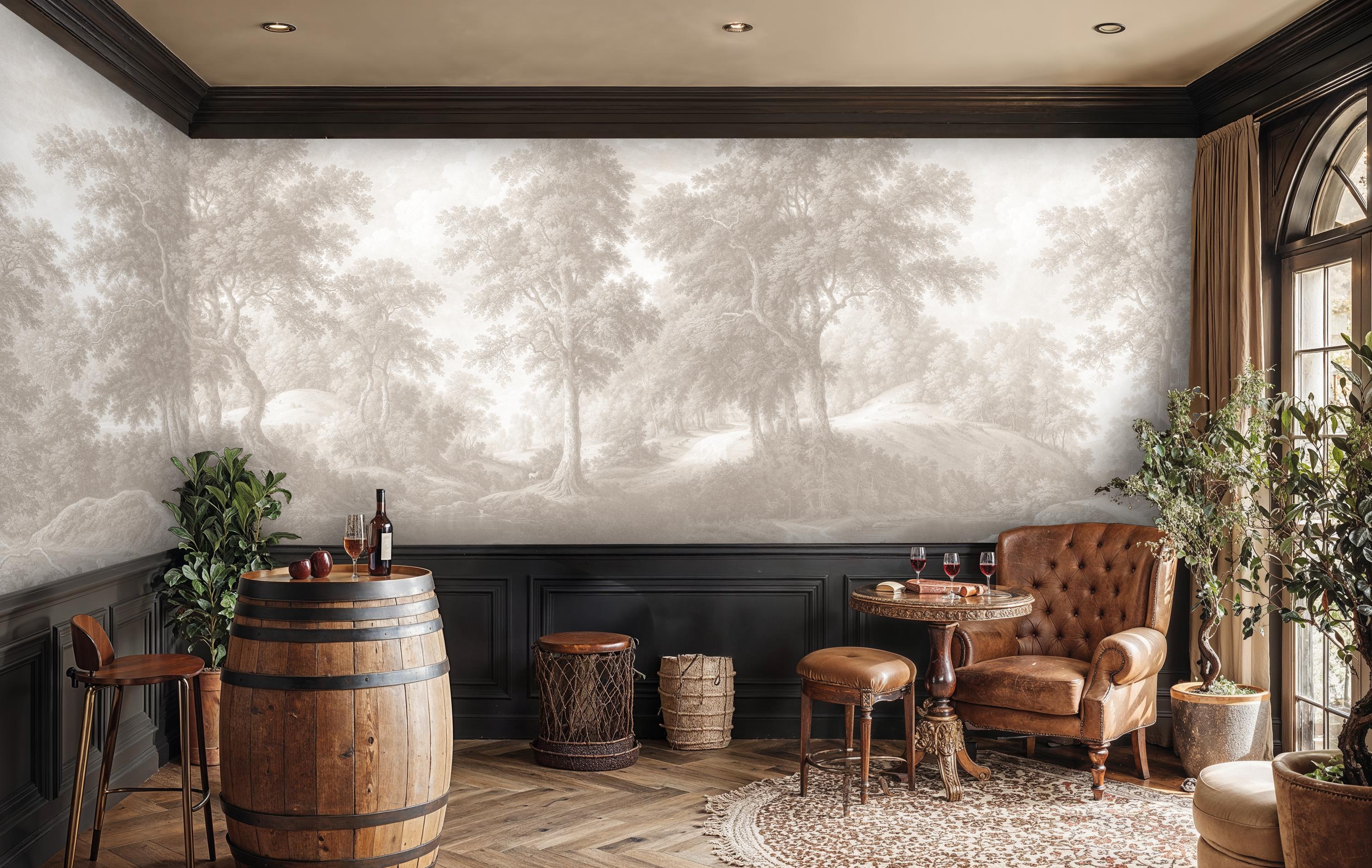 Muted Forest Wallpaper Mural: Panoramic Monochrome Scenery, Peel ...