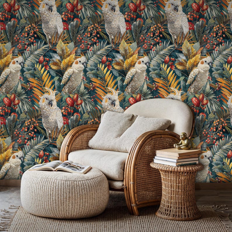 Tropical Parrot Wallpaper: Exotic Botanical Jungle Peel and Stick Wall ...