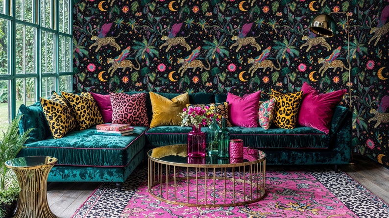Mythical Jungle Leopard Wallpaper: Peel and Stick Botanicals - Etsy