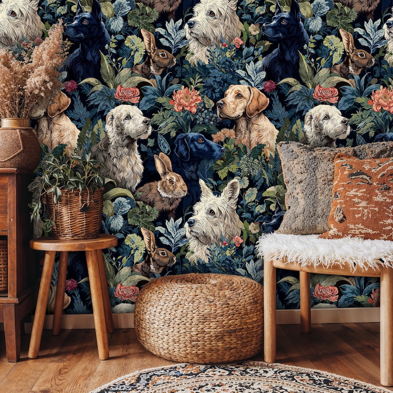 Moody Woodland Animal Wallpaper Mural: Boho Dog, Rabbit & Peonies - Etsy