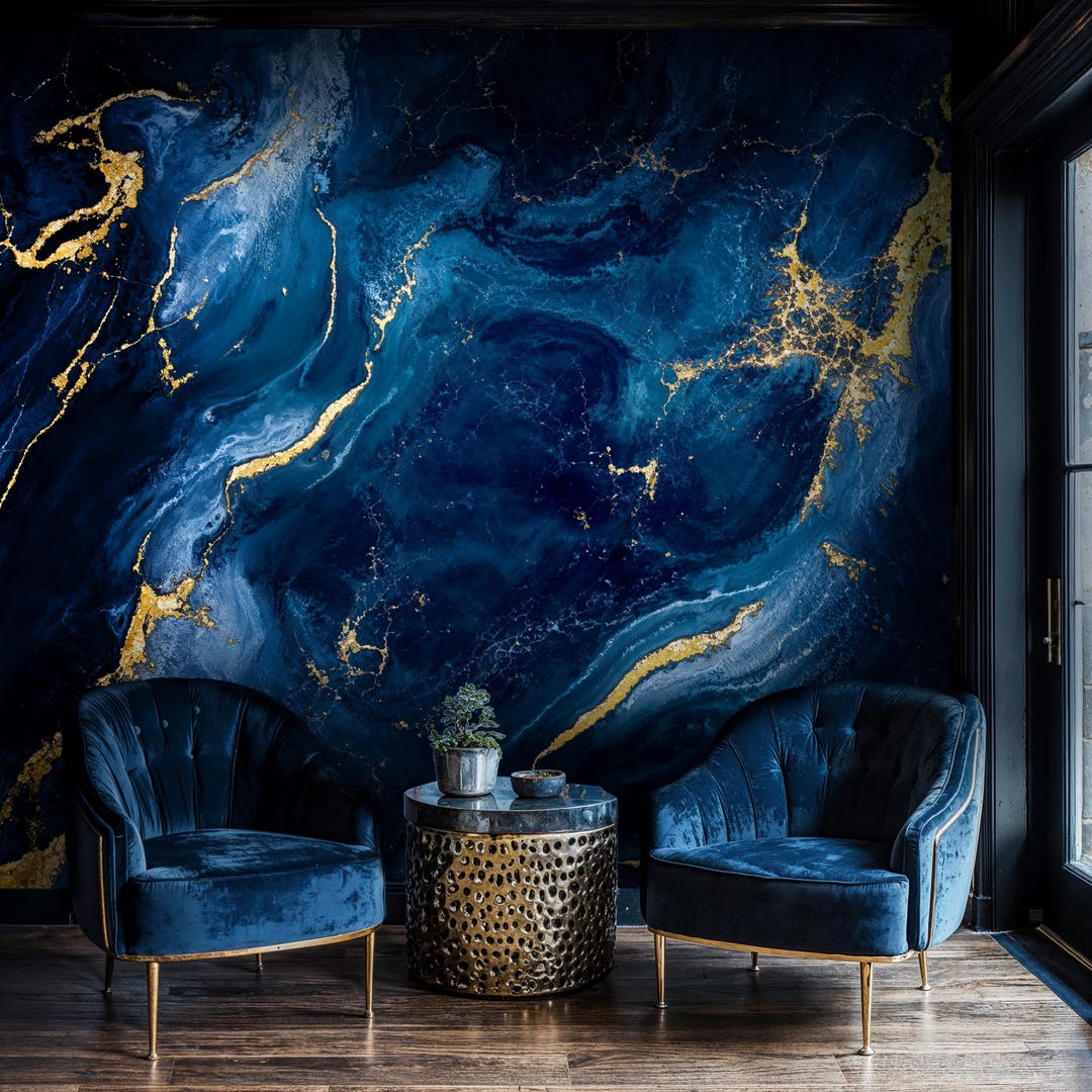 Navy Blue and Gold Marble Wallpaper, Marble Peel and Stick Wallpaper ...