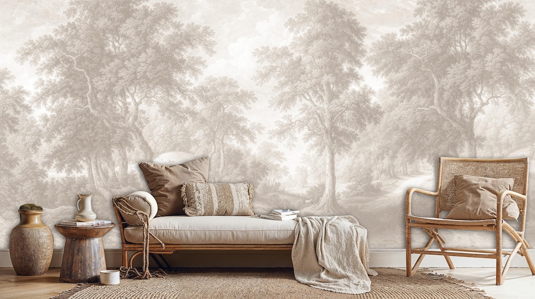 Muted Forest Wallpaper Mural: Panoramic Monochrome Scenery, Peel ...