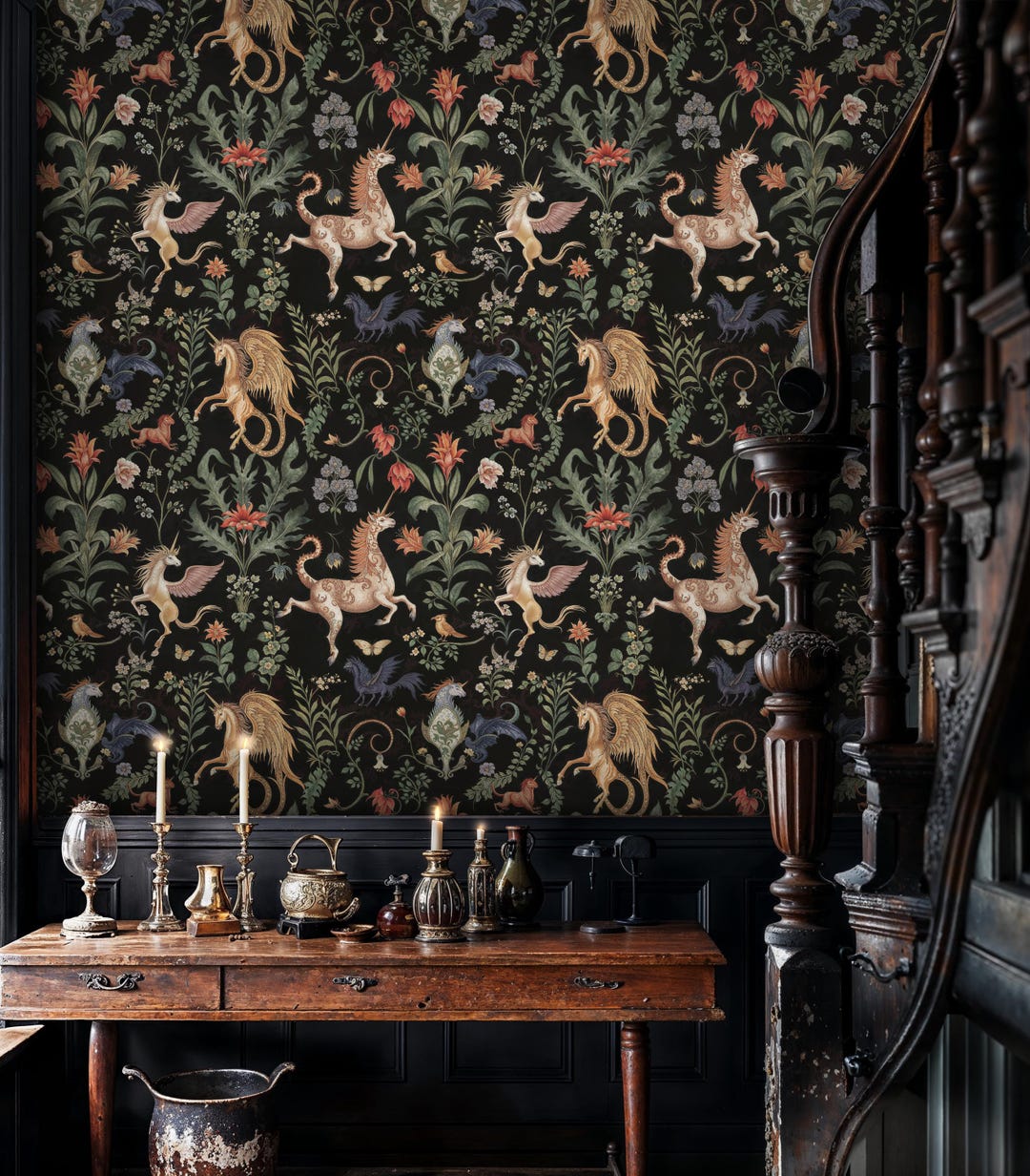Mythical Creatures Wallpaper: Dark Botanical Peel and Stick - Etsy